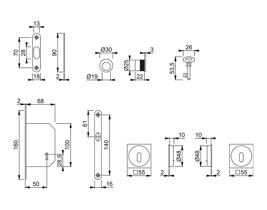 HOPPE Spazio Kit 3: Alu-Schiebetürschloss 24h